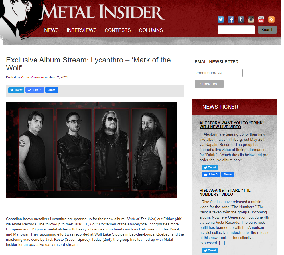 Canada’s Lycanthro Are Now Streaming Their New Album “Mark of the Wolf ...