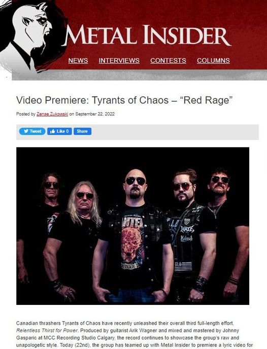 Canadian NWOTHM TYRANTS OF CHAOS Moshing Lyric Video “Red Rage”; New ...